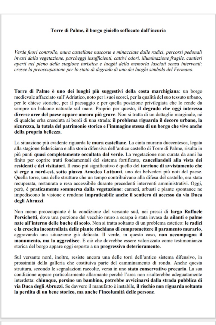 Torre di Palme, Di Ruscio segnala criticità e rilancia: “Servono ...